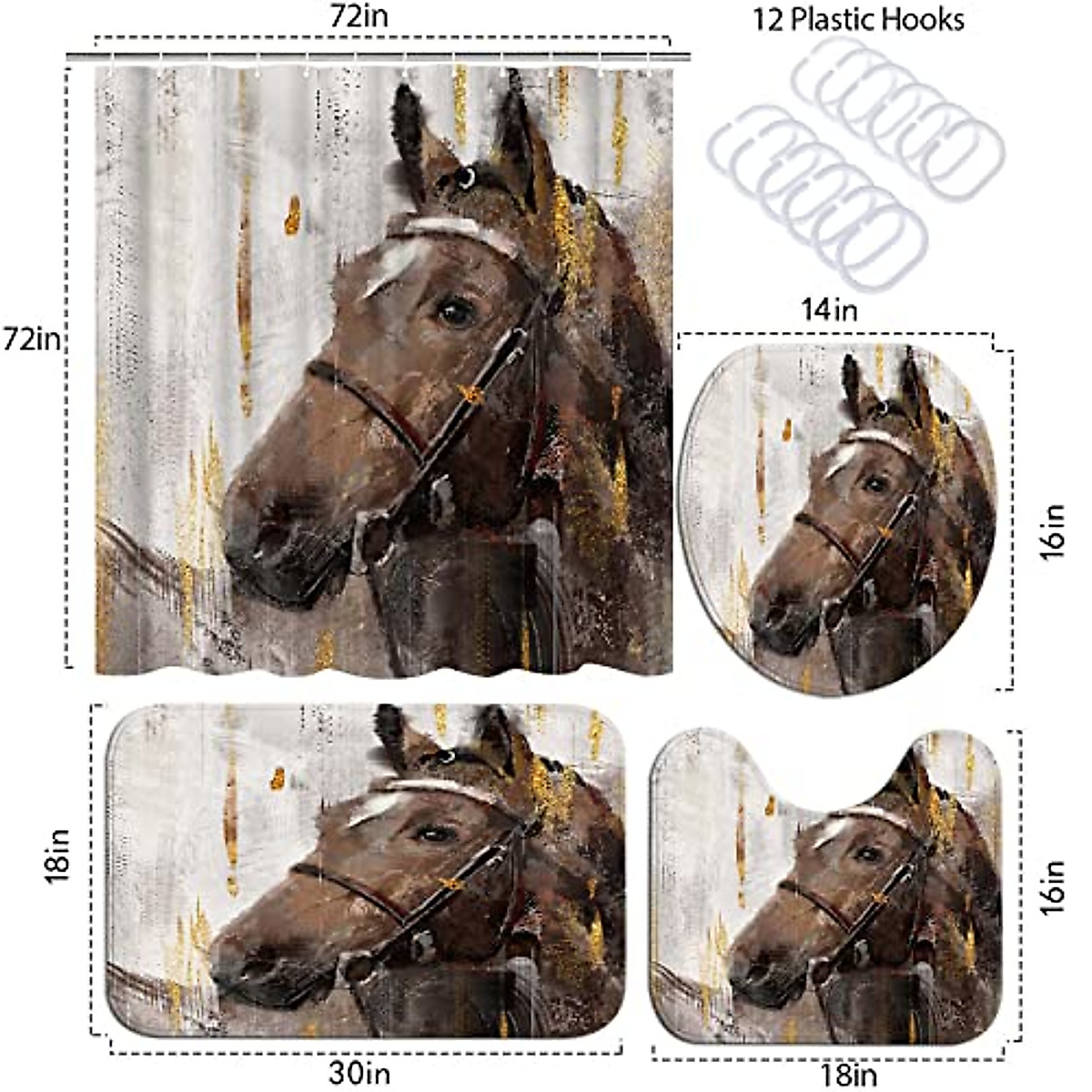 SiMiWOW Horse Shower Curtain Western Cowboy Shower Curtain Set with Rugs Wild Animal Shower Curtain with Hooks,Brown Horse Bath Mat Bath Rugs Bathroom Decor Set of 4 Pieces