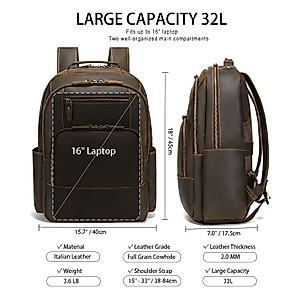 Taertii Full Grain Genuine Leather Backpack for Men, 16" Laptop Rucksack Backpack for Travel Business Shool 32L - Brown
