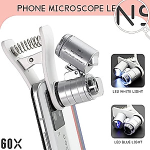KINGMAS 60X Clip-On Microscope Magnifier Lens with LED Lights Jeweler Loupe for iPhone, Samsung and More Mobile Phones (Universal)