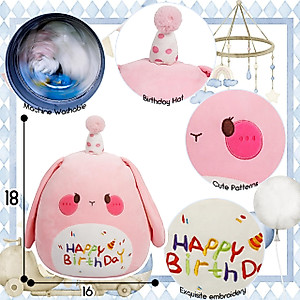 ARELUX Large 18in Cute Bunny Cuddle Plush Soft Bunny Stuffed Animal Birthday Pillow Kids Huggable Rabbit Plushie Toy Big Size Happy Birthday Party Decoration Plushies Gift for Friends Boys Girls Pink
