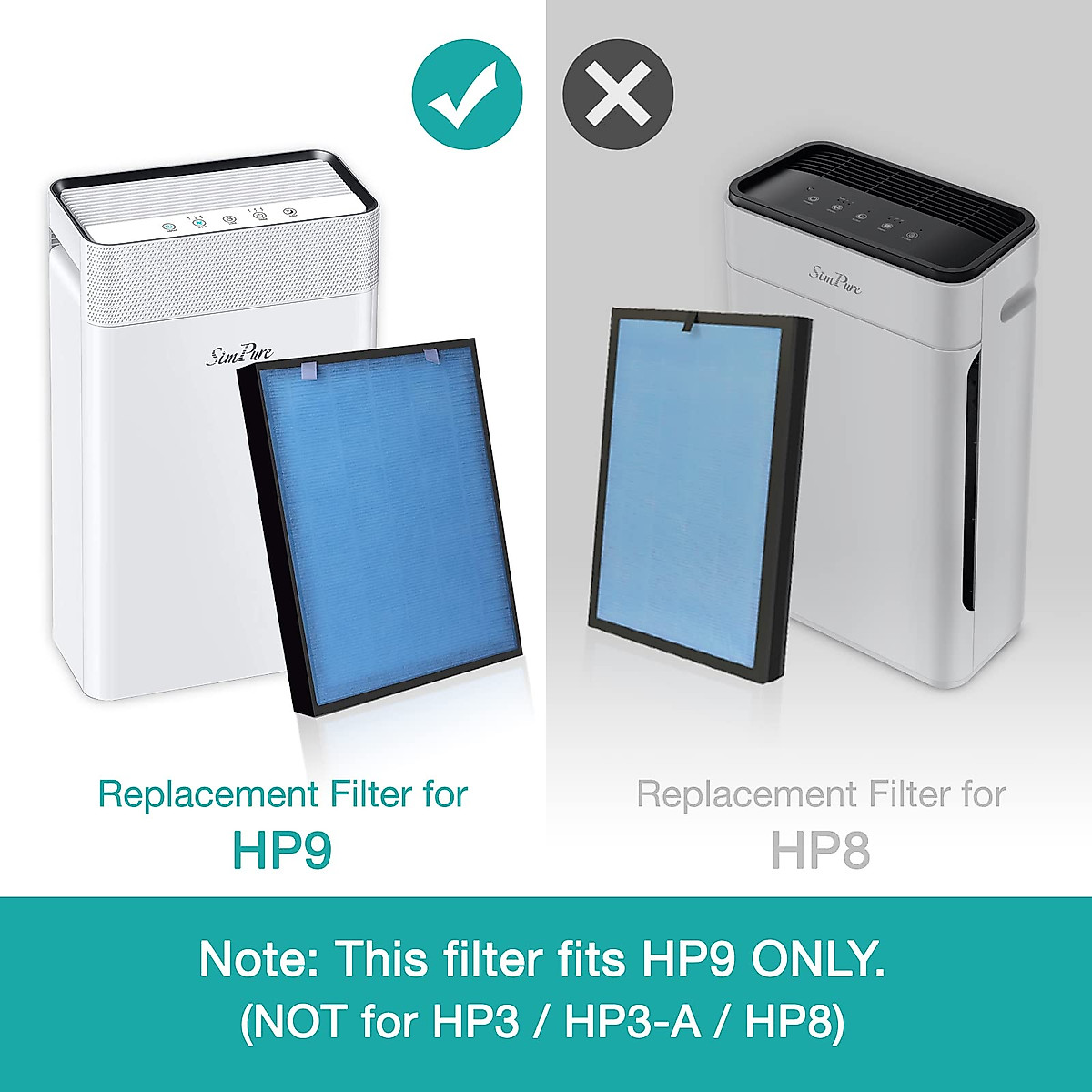SimPure HP9 (Not HP8) Original HEPA Replacement Filter Compatible with SimPure HP9 Air Purifier, SP-HP9-RF (NOT for Other SimPure Air Purifiers)