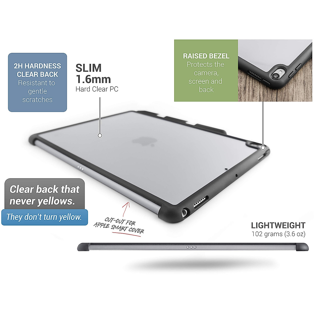 TineeOwl iPad Pro/Air 3 (10.5-inch) Case with Pencil Holder [Improved] Thin and Slim, Compatible with Apple Smart Keyboard and Smart Cover (Clear/Black)