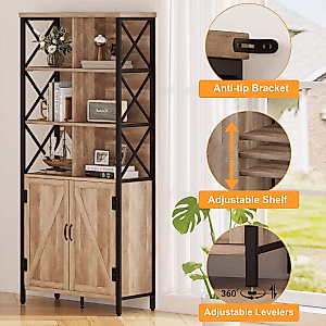 FATORRI Bookcase with Doors, Rustic Tall Bookshelf with Cabinet, Industrial Farmhouse Book Shelf and 6 Cube Organizer Book case for Living Room (Rustic Oak, 67 Inch)