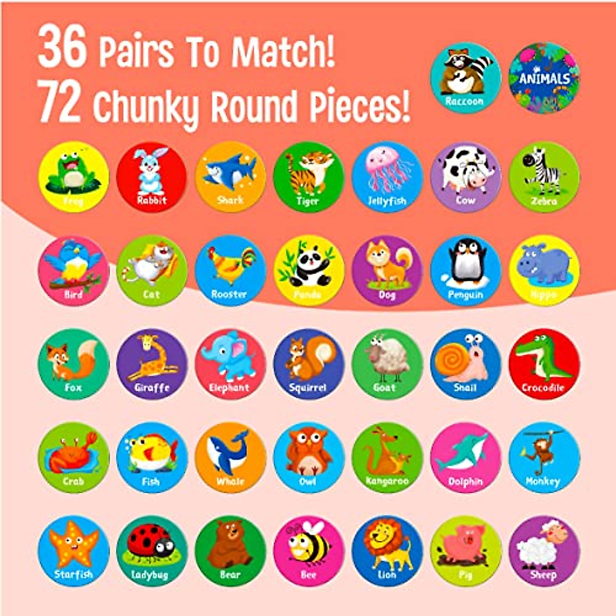 Memory Matching Game, 72 PCS Animal Matching Cards for Toddlers 36 Pairs Memory Cards for Preschool 4 5 6 Years Old