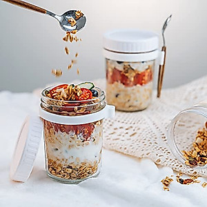 ZCXQM Overnight Oats Containers with Airtight Lids and Spoon, 10 oz Glass Oatmeal Mason Jars for Cereal Yogurt and Parfait ,Set of 2,(White)