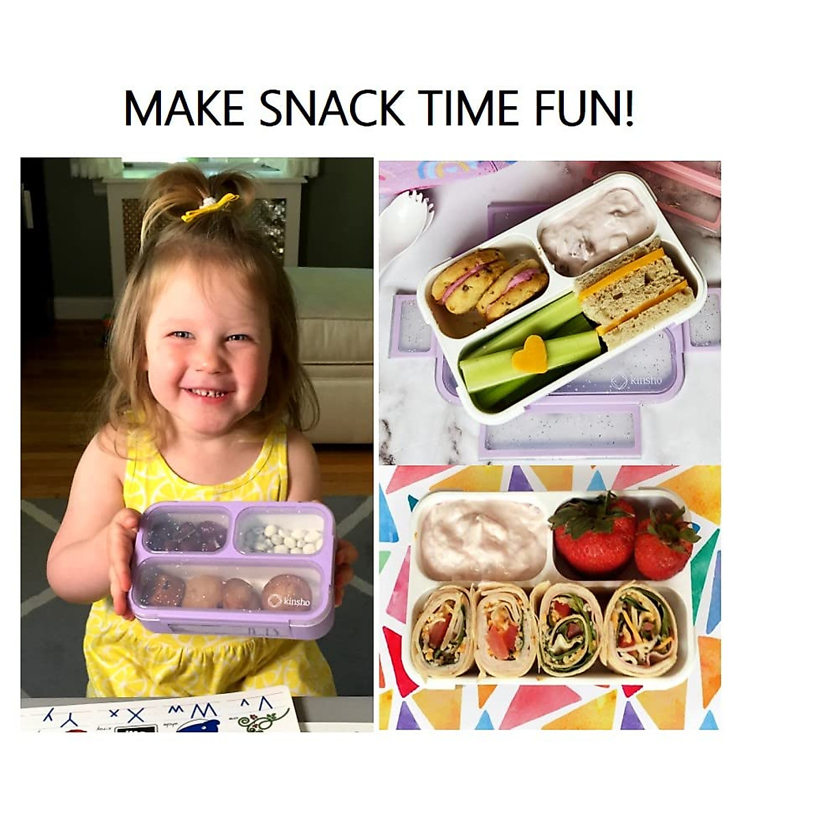 kinsho Kids Snack Container - Mini Bento Lunch-Box, Small Leakproof Container Boxes for Toddlers Girls Snacks Lunches, 3 Compartment - School Daycare Portion Containers, Pink Purple Glitter Set of 2