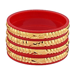 Efulgenz Traditional Bridal Red Acrylic Indian Wedding Bangles Gold Tone Engraved Glossy Bracelet Bangle Jewelry for Women (4 Pcs) Size 2.8