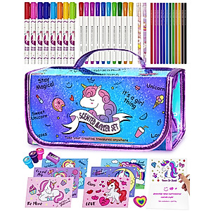 weirtoya Washable Fruit Scented Markers Set with Unicorn Pencil Case Stationery Set Valentine's Day Gifts Unicorn Toys Birthday Gifts for Girls 4-9 Years Valentine Craft Magical Unicorn