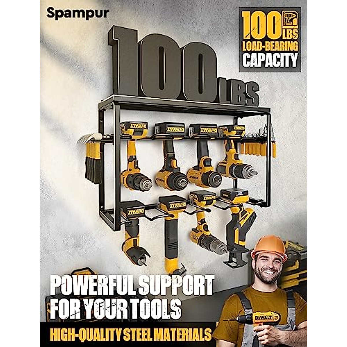 Spampur Power Tool Organizer, 8 Drill Holders Wall Mount, 3 Layer Heavy Duty Metal Storage for Garage Organization, Tools Storage with Hooks, Screwdriver Hammer Holder, Father's Day Men Gifts