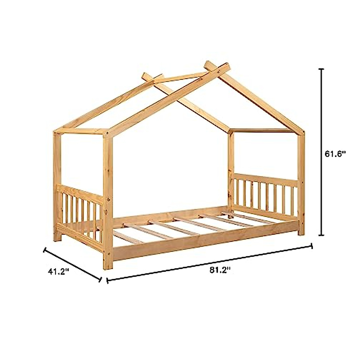 Merax Twin Size Wood House Bed with Roof, Headboard and Footboard, No Box Spring Needed, Natural