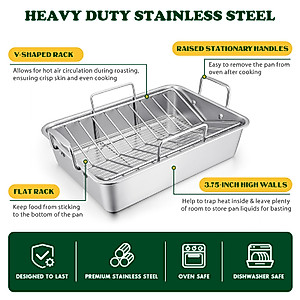 Roasting Pan, E-far 16 x 11.5 Inch Stainless steel Turkey Roaster with Rack - Deep Broiling Pan & V-shaped Rack & Flat Rack, Non-toxic & Heavy Duty, Easy Clean & Dishwasher Safe - Large