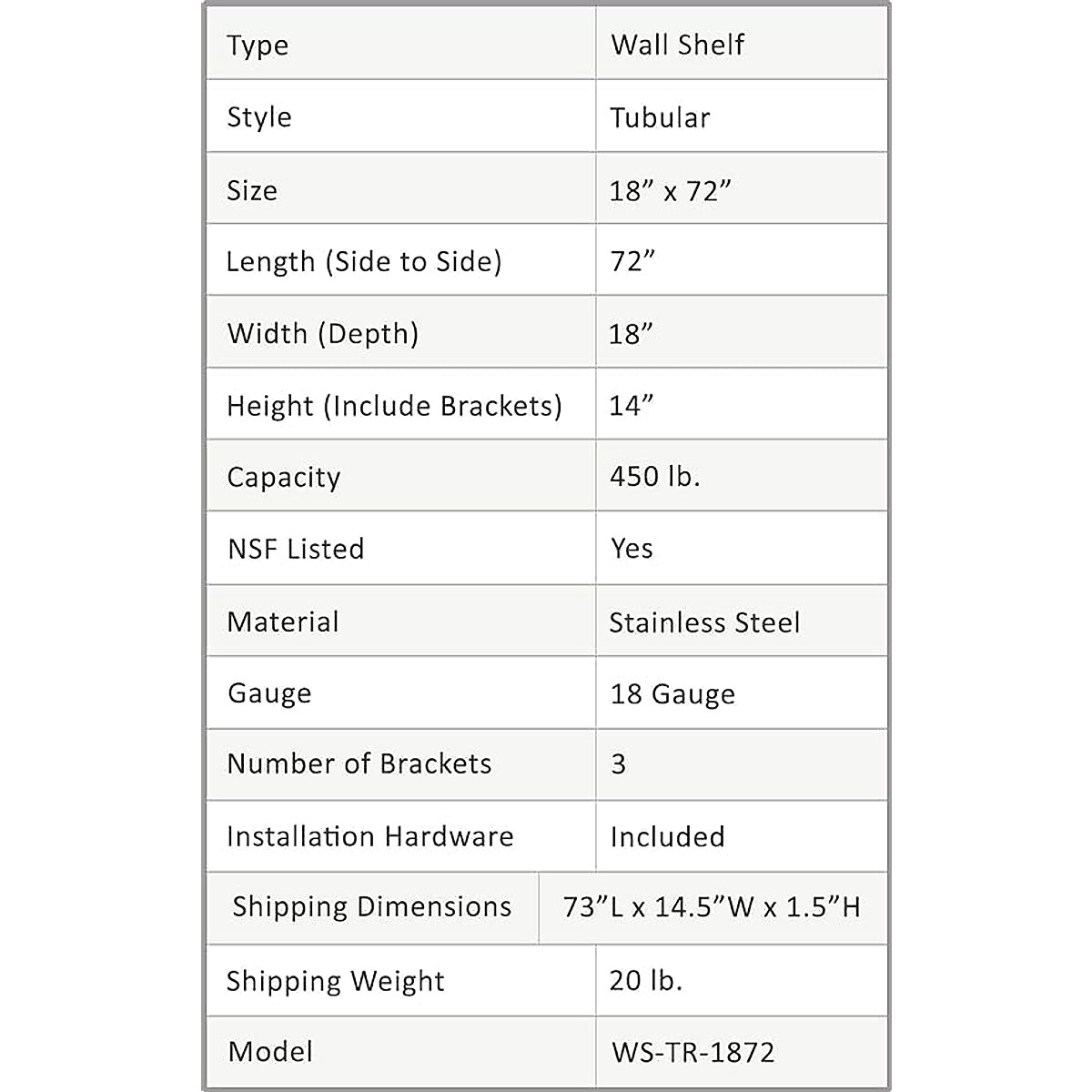 Express KitchQuip Premium Quality Stainless Steel Tubular Wall Shelf | Appliance & Equipment Metal Shelving | Kitchen, Restaurant, Garage, Laundry, Utility Room | NSF Certified | (72" Long x 18" Deep)