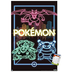 Trends International Pokémon - Neon Group Wall Poster, 22.375" x 34", Poster & Mount Bundle