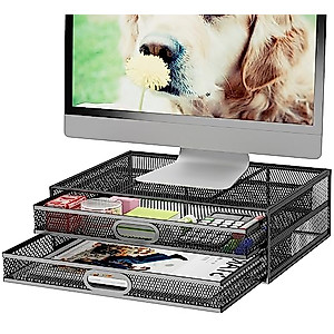 Monitor Stand Riser with Drawer - Metal Mesh Desk Organizer with Dual Pull Out Storage Drawer,Office Supply for Computer, PC, Laptop, Printer, Notebook, iMac (Black)