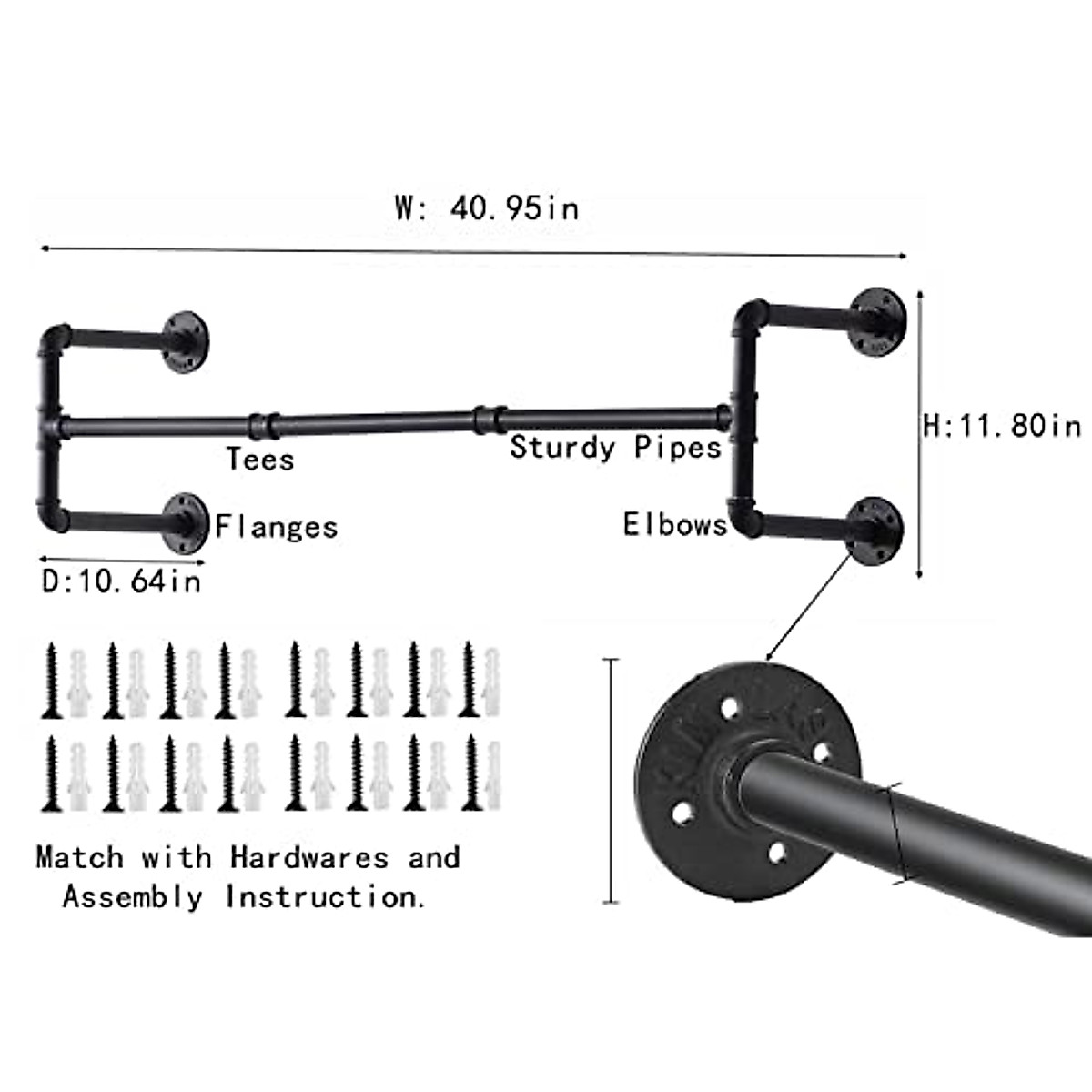 YLFAHXP Industrial Pipe Clothes Rack, Heavy Duty Detachable Wall Mounted Iron Garment Bar, Multi-purpose Clothing Rack Hanging Rod Organizer for Closet Storage (Black)