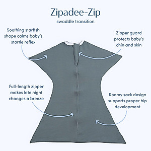 SleepingBaby Zipadee-Zip Transition Swaddle with Zipper, Polyester, Spandex - Roomy Baby Wearable Blanket for Easy Diaper Changes - Classic Grey, Small (4-8 Month) - 2 Pack