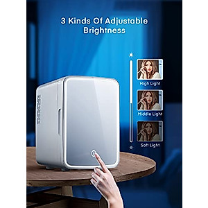 10 Liter/11 Can Mini Skincare Fridge with 3-Mode LED & Mirror, 110V AC/12V DC Portable Cooler & Warmer Small Refrigerator for Skin Care Cosmetic Makeup, Perfect for Office Bedroom Dorm Car, White