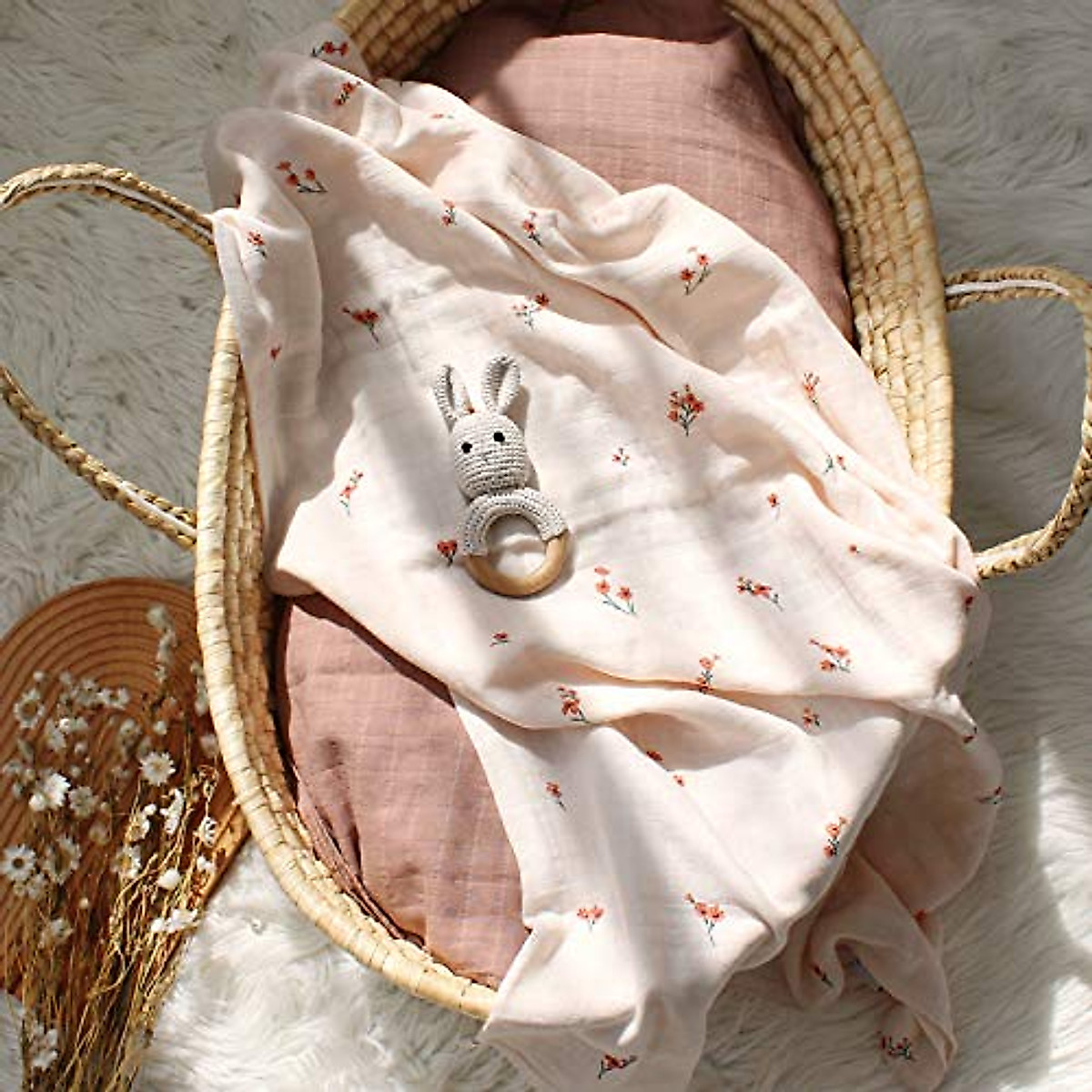 LifeTree Baby Girl Swaddle Blankets, Muslin Swaddling Wrap Neutral Receiving Blanket for Newborn, 100% Organic Cotton, Large 47 x 47 inches, Solid Color/Flower Print