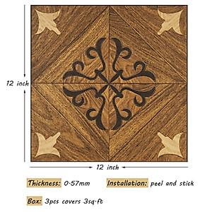 YENHOME Brown Peel and Stick Floor Tile Waterproof 12x12 in Kitchen Bathroom Floor Tile Vinyl Flooring Peel and Stick Flooring Roll Wood Planks 3 PCS Laminate Flooring Stick on Floor Tile Removable