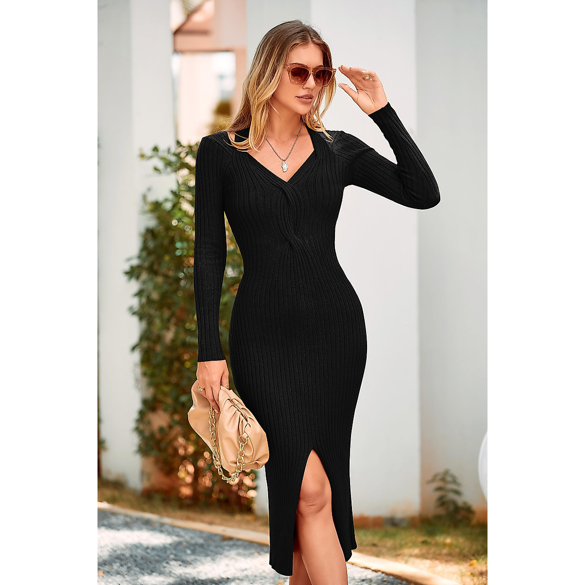 PRETTYGARDEN Women's Sweater Dress Ribbed Long Sleeve Knitted Slit Midi Dress for Women V Neck Bodycon Wrap Dress (Black, X-Large)