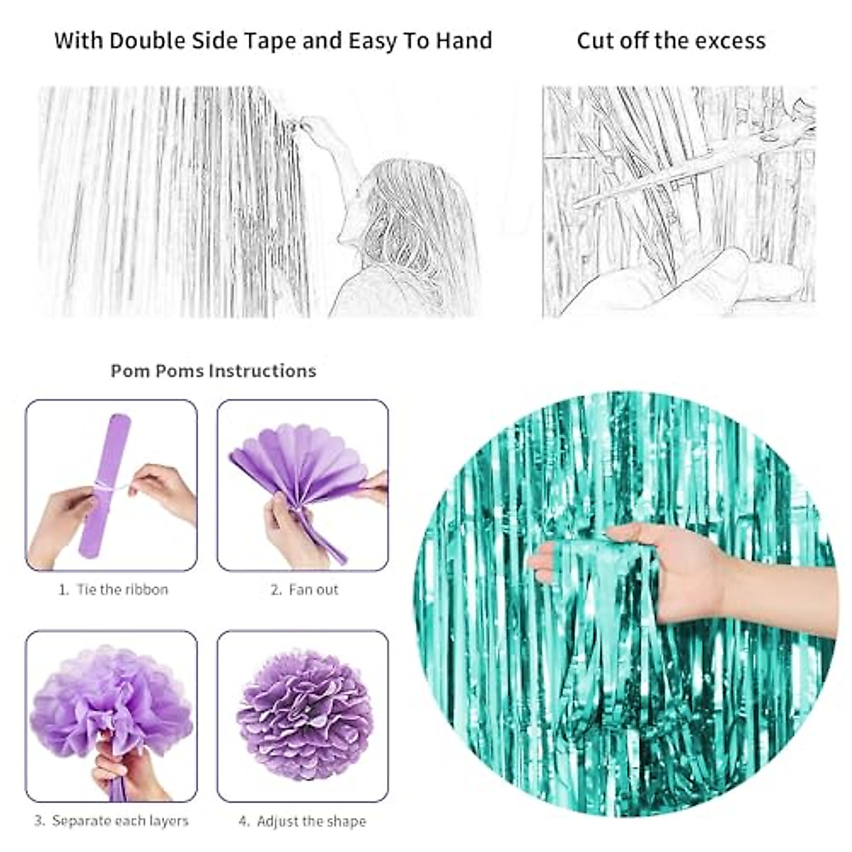 Mermaid Birthday Decorations Purple Teal Blue Party Balloons Happy Birthday Banner Dots Garland Purple Turquoise Green Fringe Curtain Pompom Swirls for Girl Women Birthday Baby Shower Party Decoration