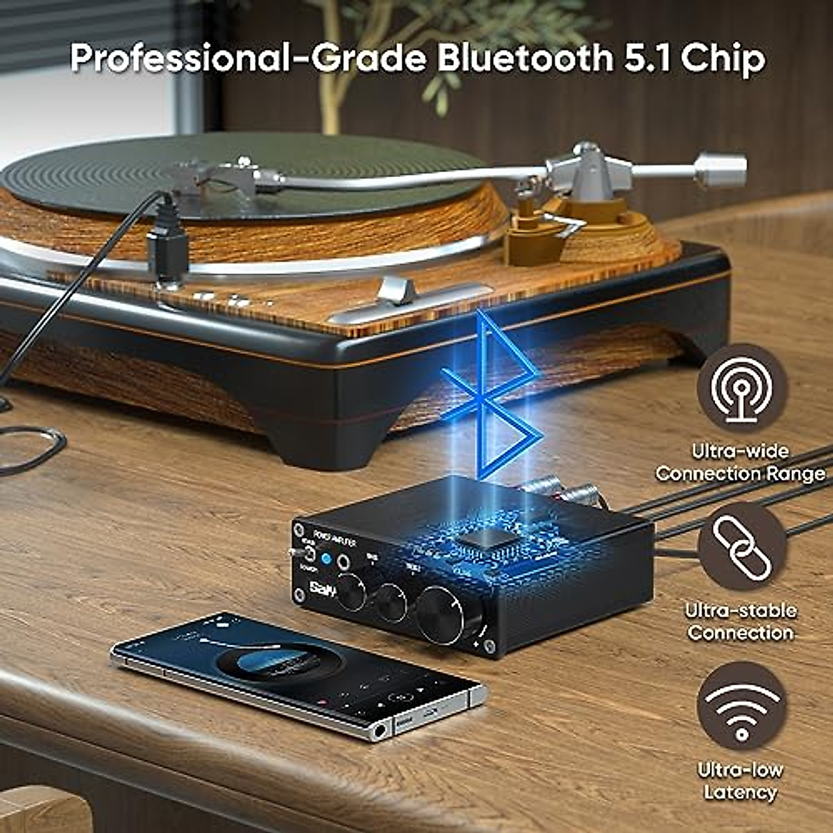 Saiyin Mini Bluetooth Amplifier Home Audio for Speakers, 2×80W 2.1 Channel Digital Class D Integrated Amp with 24-Bit 192kHz DAC and Optical Coaxial AUX Headphone Line Out Jack