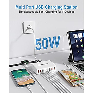 USB Charging Station, RENGOGA 50W/10A USB Charger 8-Ports USB Charging Hub, Multi USB Charger Block for Multilple Devices, iPhone 13 12 11 Pro Max,iPad Air, Samsung Galaxy S21 S20, Tablet-White