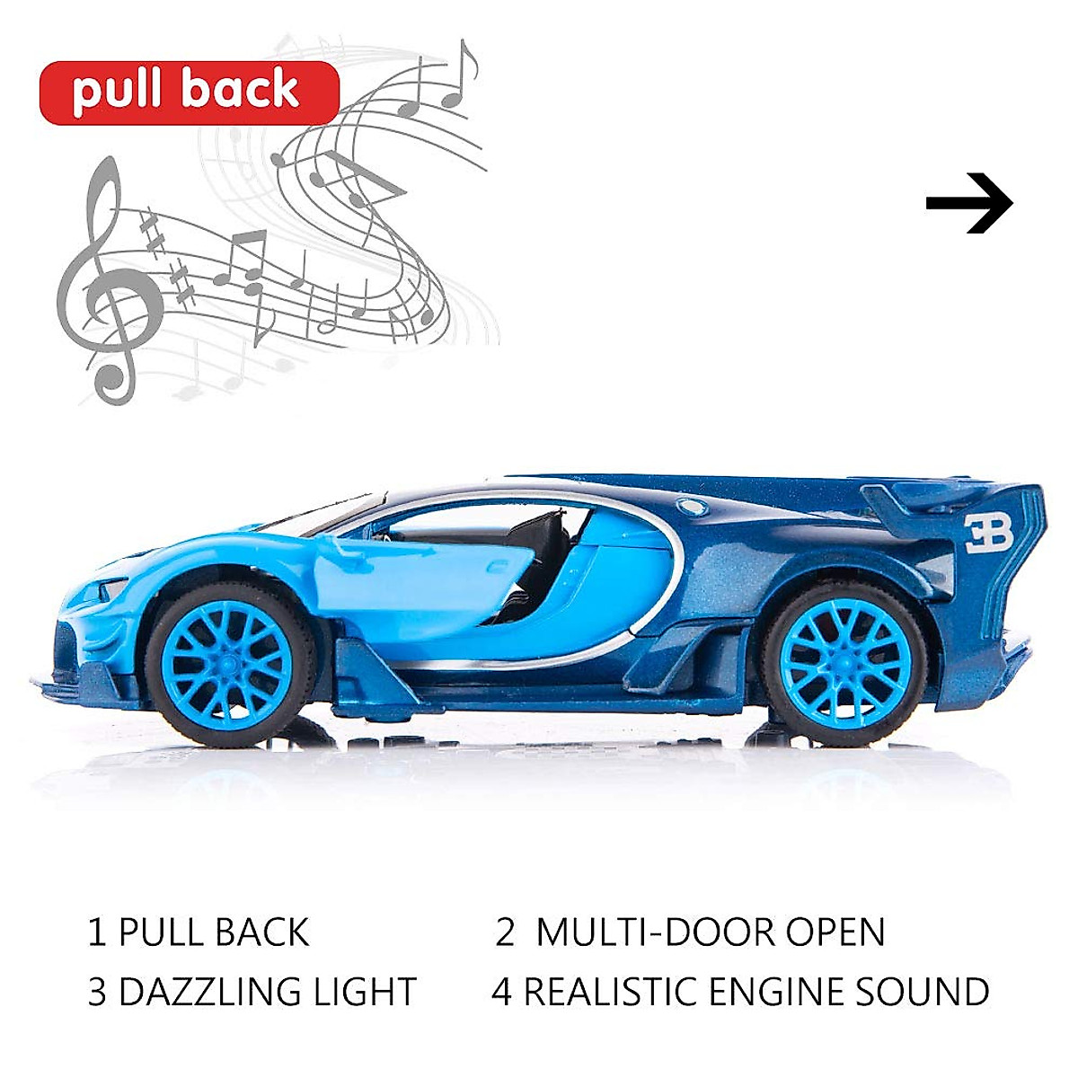 BDTCTK Bugatti Vision GT Supercar 1/32 Zinc Alloy Die Casting Pull Back Car Model Toy Sound and Light for Boy Girl Gift (Bule)