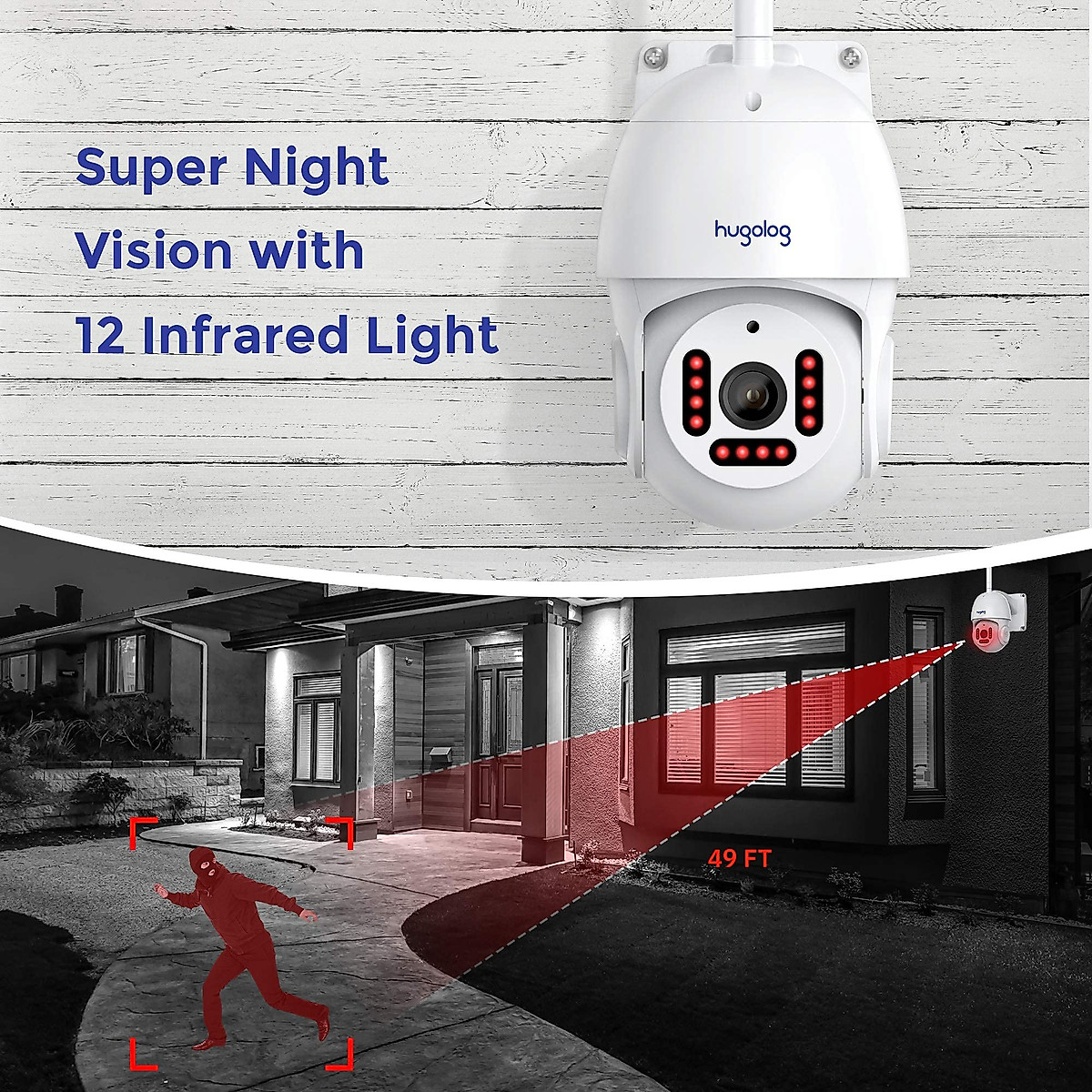 Hugolog PT Security Cameras, WiFi Cameras for Home Security 1080P HD, Outdoor Camera Waterproof,Motion Detection,2-Way Audio,Infrared Night Vision,USA Cloud Server/SD Card Slot, Compatible with Alexa