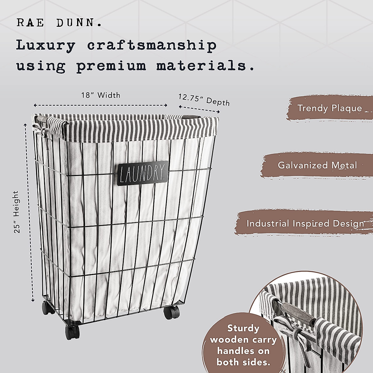Rae Dunn Heavy Duty Laundry Hamper on Wheels - Black Metal Wire Basket with Liner - Portable Laundry Basket with Removable, Washable Cloth Liner - Laundry Room Accessories