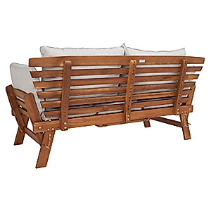 Safavieh PAT7300E Collection Emely Acacia Wood Expandable Loveseat Outdoor Daybed, Natural/Light Grey