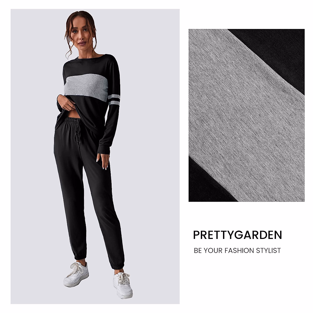 PRETTYGARDEN Women's Color Block 2 Piece Tracksuit Crewneck Long Sleeve Tops Long Sweatpants Outfits Lounge Sets(Black,Medium)