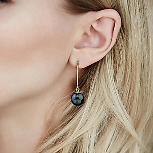 THE PEARL SOURCE 14K Gold 7.5-8mm AAA Quality Round Genuine Black Akoya Cultured Pearl Leverback Earrings for Women