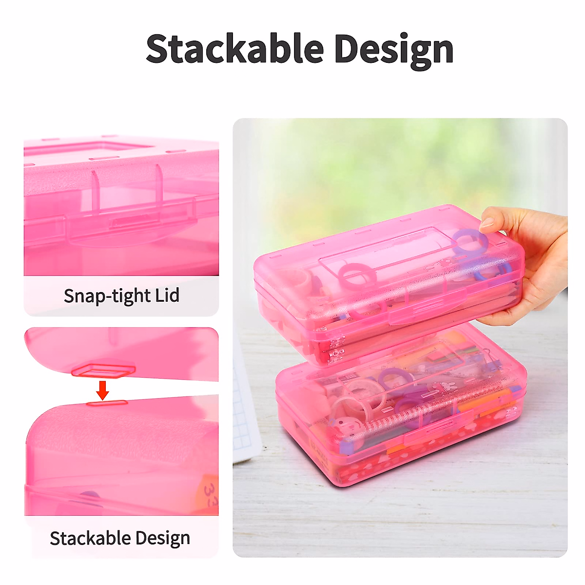 Sooez 3 Pack Pencil Case, Large Pencil Box Case, Clear Crayon Marker Box Bulk, Hard Plastic School Supplies with Snap-tight Lid, Stackable Storage Container Art Craft Organizer for Bead Pens