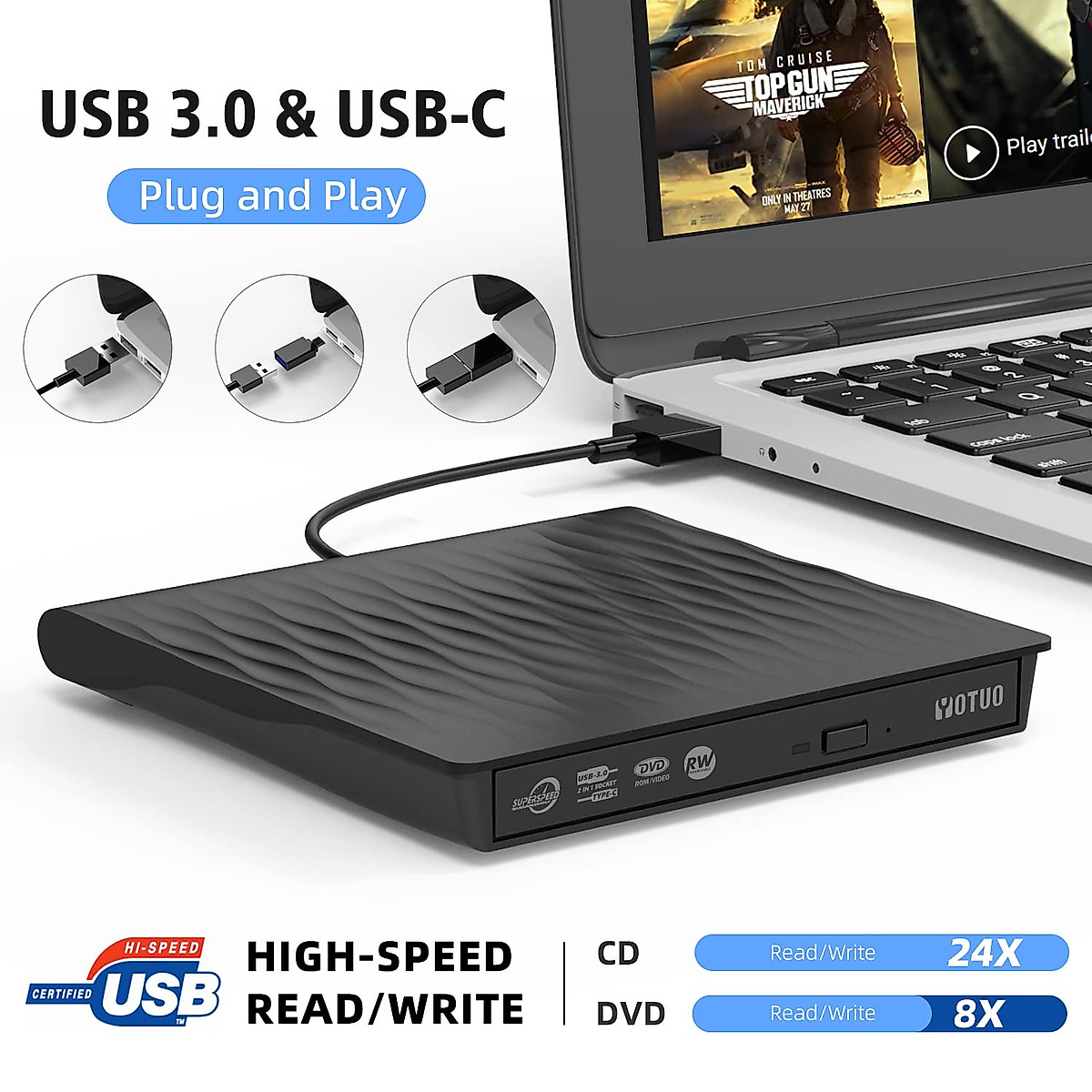 YOTUO External DVD Drive for USB 3.0 Type C, Portable DVD Write CD Burner RW ROM Optical Drive Player Reader Disk Disc with Laptop Desktop PC Windows 11/10/8/7, Mac Pro/Air MacBook, Linux (SY-IDD021)
