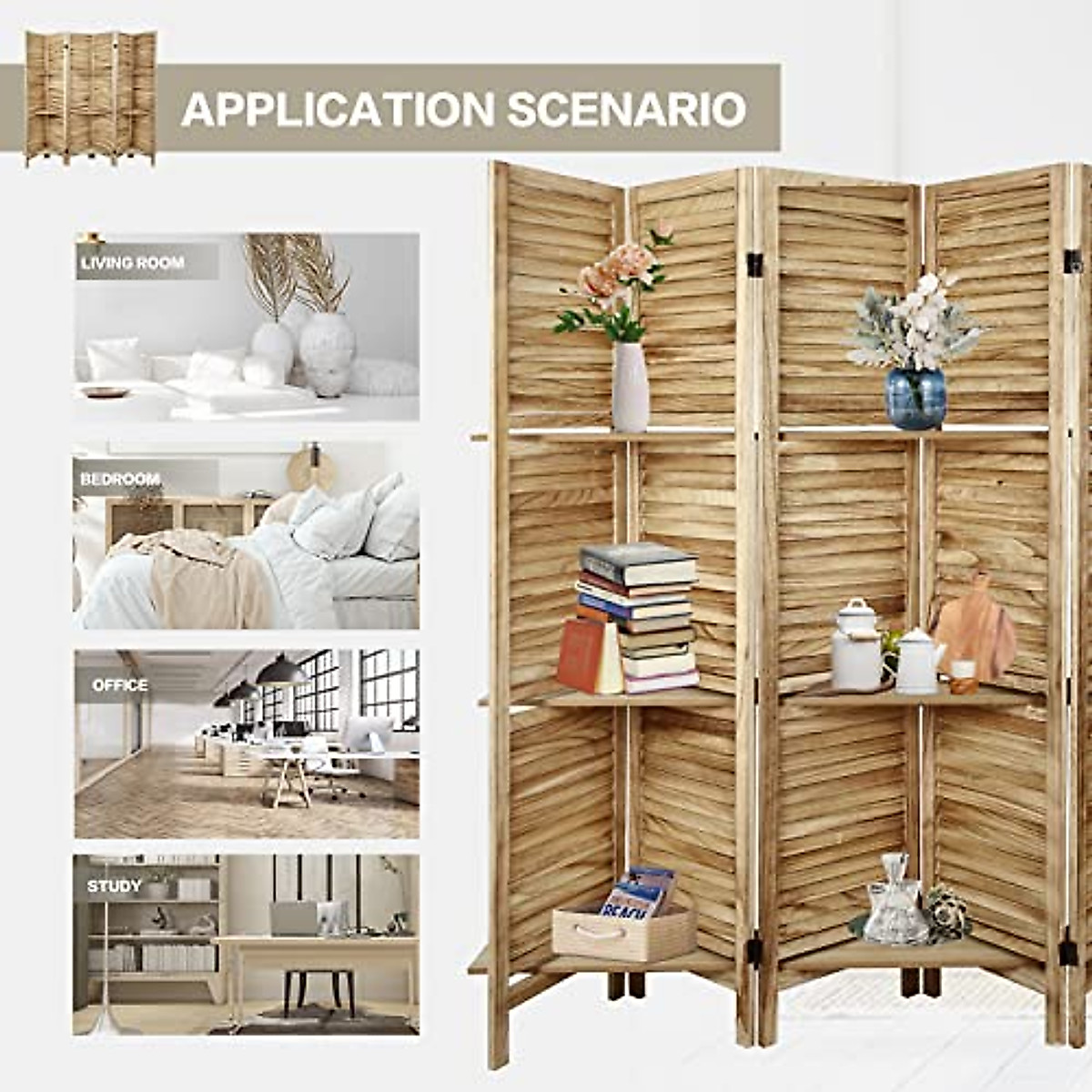 ECOMEX Room Divider 6 Panel, Wood Folding Room Divider Screen, Room Divider with Shelves and Easy Move Partition, Freestanding Room Screen Divider with Display Shelves (Natural Color)