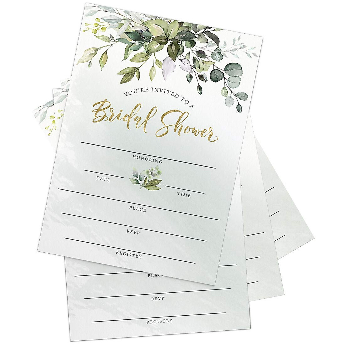Printed Party Bridal Shower Invitations and Envelopes, Greenery, Set of 25