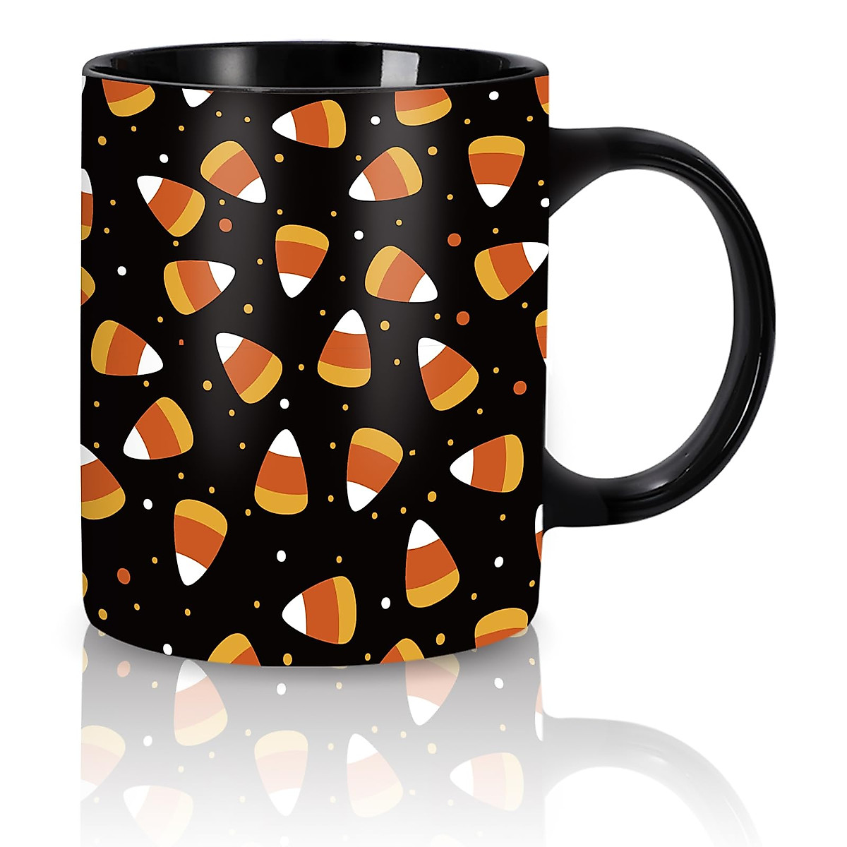Whaline Halloween Mug 12oz Candy Corn Coffee Mug Candy Corn Black Ceramic Drinking Mugs Halloween Party Cups for Home School Office Table Centerpieces Housewarming Gift