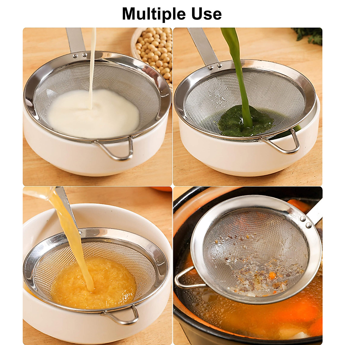 Adjaso 5.5inch 304 Stainless Steel Fine Mesh Strainer for Kitchen, Colander-Skimmer with Handle, Metal Sieves Sifters