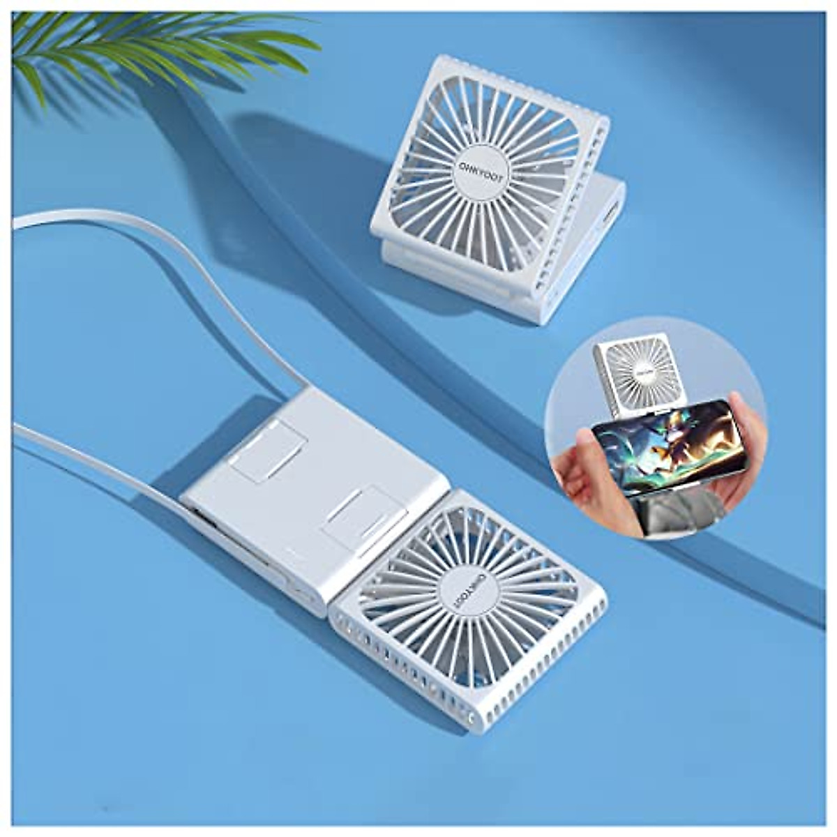 OHKYOOT Portable Travel Fan,Foldable Mini Desk Fan,USB Rechargeable Neck Fan for Travel,Outdoors,Indoors (White)