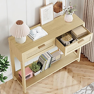 AWQM Rattan Console Table, Narrow Long Entryway Table with 2 Drawer, Modern Sofa Table with Open Shelf, Hallway Table for Living Room, Foyer, Bedroom, Oak