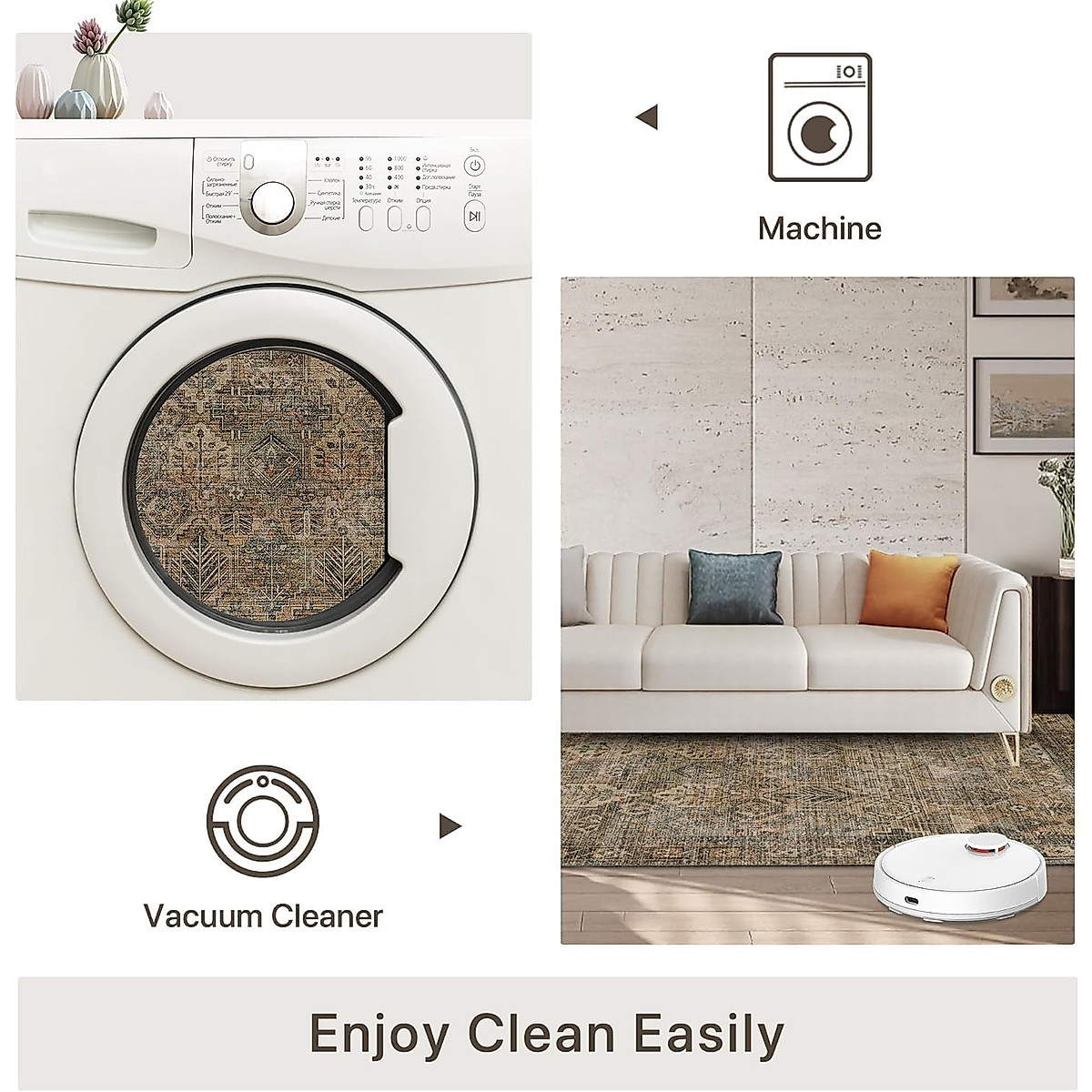 Bavni Area Rug 8x10 Machine Washable Vintage Distressed Print Ultra-Thin Chenille Bedroom Living Room Accent Rug, Low Pile Lightweight Non Slip with Gripper, Sage/Charcoal