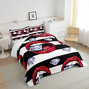 Lips Comforter Set King Size for Women Adult Girls Room Decor Romantic Purple Diamond Bedding Set 3pcs Black Geometric Stripes Quilt Set Valentine's Day Duvet Insert,2 Pillowcases