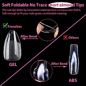 UNA GELLA Short Almond Fake Nails 504pcs Short Almond Press on Nails Pre-shape Short Almond Gel Nail Tips for Full Cover Acrylic Short Almond Nails False Nails For Nail Extension Home DIY Nail Salon 12 Sizes Gelly Tips