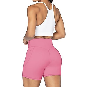 Sunzel No Front Seam Biker Shorts for Women with Pockets, Yoga Workout Gym Bike Shorts with Tummy Control 5" Bubblegum Pink Medium