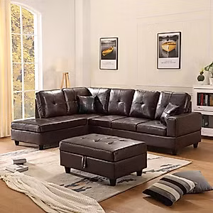 BIADNBZ Sectional PU Faux Leather Sofa L-Shaped Couch with Left Chaise Lounge, Storage Ottoman and 2 Pillows for Living Room Apartment Office, Brown