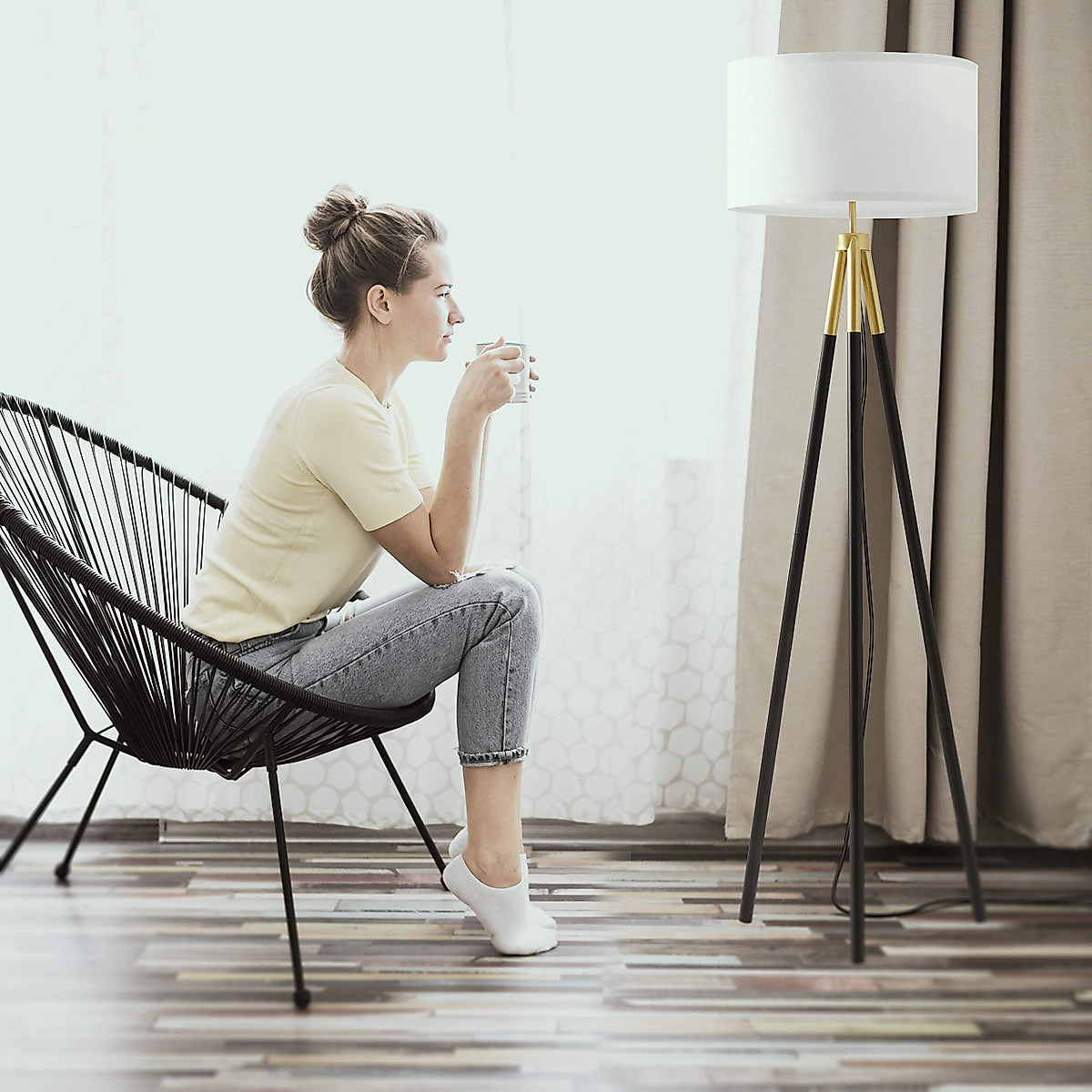 Brightech Levi LED Floor Lamp, Great Living Room/Farmhouse Décor, Black-and-Gold Tripod Lamp for Living Rooms & Offices, Tall Lamp with LED Bulbs, Standing Lamp for Bedroom Reading