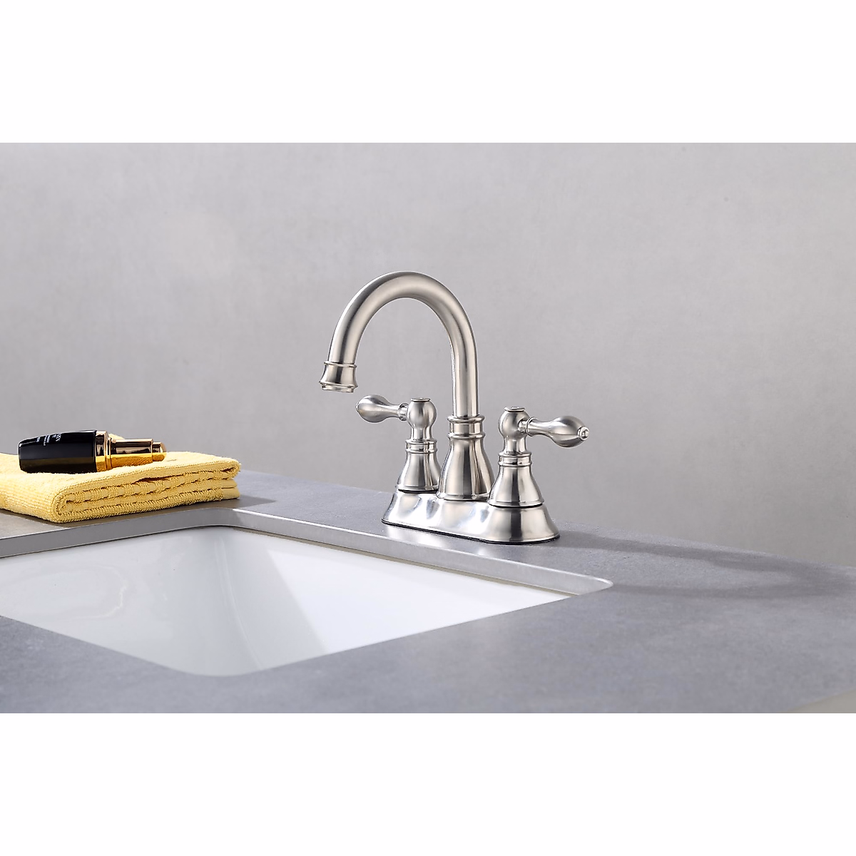 Derengge 2 Handle Brushed Nickel Bathroom Sink Faucet 3 Hole Faucet with Overflow Pop up Drain,360° Swivel Spout 4 Inch Centerset Bathroom Faucet without Supply Hoses,Meets cUPC NSF 61-9 AB1953,2 Pack