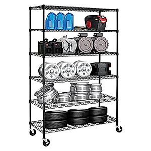 Dlewmsyic 6 Tier Storage Shelves, 5999 Lbs Capacity Metal Shelf with Wheels Height Adjustable NSF Certification 48" L×18" W×72" H Heavy Duty Wire Shelving Units for Garage Pantry Kitchen Rack, Black