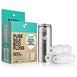 Biodegradable Dental Floss by TreeBird | Refillable & Reusable Zero Waste Steel Dispenser | 3x33yd Waxed Natural Cruelty Free Peace Silk Spools | 100% Compostable | Eco Friendly Plastic Free Oral Care